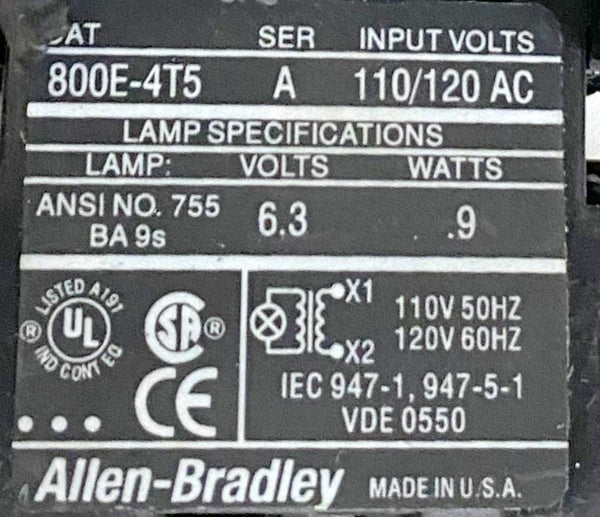 Allen-Bradley 800E-4T5 Push Button Switch Red 110/120 VAC Series A