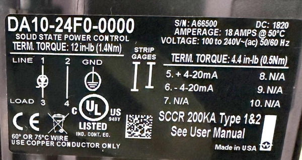 Watlow DA10-24F0-0000 Solid State Power Control 100-240V 50/60 Hz