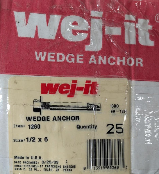 Box of (25) Wej-it 1260 Wedge Anchor Carbon Steel 1/2" x 6" Size
