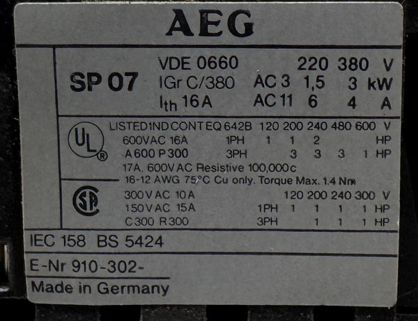 AEG SP07 Contactor 3-Pole 600 VAC 16 Amp