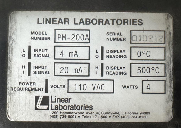 Linear Laboratories PM-200A Temperature Sensor Control 110 VAC 4W
