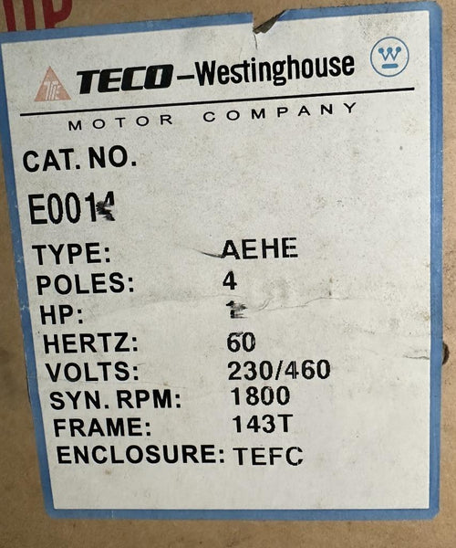 Teco-Westinghouse E0014 MAX-E1 Motor 230/460V 1 HP .75KW 60HZ 3 Phase