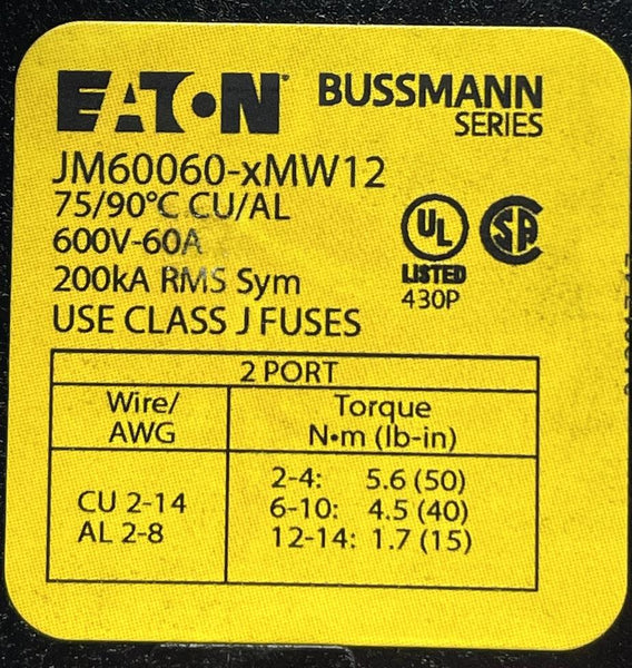 Eaton Bussmann JM60060-1MW12 Modular Fuse Holder 60A 600VAC Class J Fu