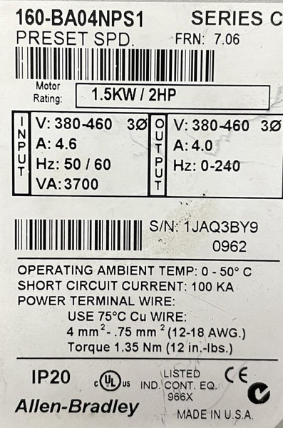 Allen-Bradley 160-BA04NSF1 Ser. C 160 SSC Variable Speed Drive 380-460 – Surplus Select