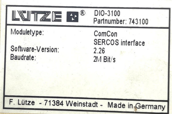 Lutze 743100 DIO-3100 ComCon SERCOS Interface Module 2M Bit/Sec – Surplus Select