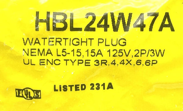 Hubbell HBL24W47A Watertight Twist-Lock Plug 15A 125V 2-Pole 3-Wire NEMA L5-15P | Surplus Select