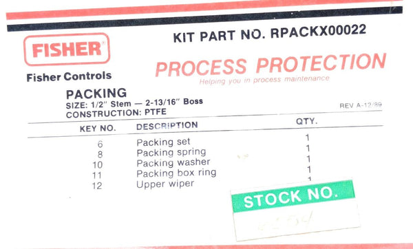 Fisher RPACKX00022 E-Body Valve Packing Repair Kit Size 1/2" Stem 2-13