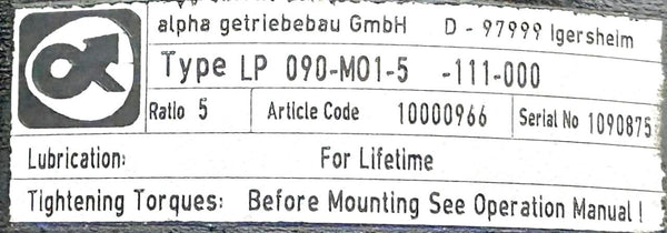 Alpha LP 090-M01-5-111-000 Planetary Gearbox 1=5