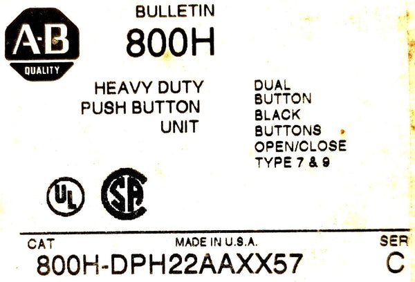 Allen-Bradley 800H-DPH22AAXX57 Push Button Dual Open-Close Black Type 7&9 Ser C | Surplus Select