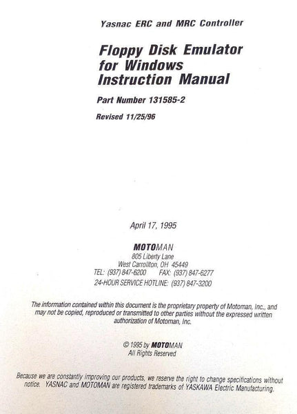 Motoman Yasnac ERC & MRC Controller Floppy Disk Emulator Instruction M