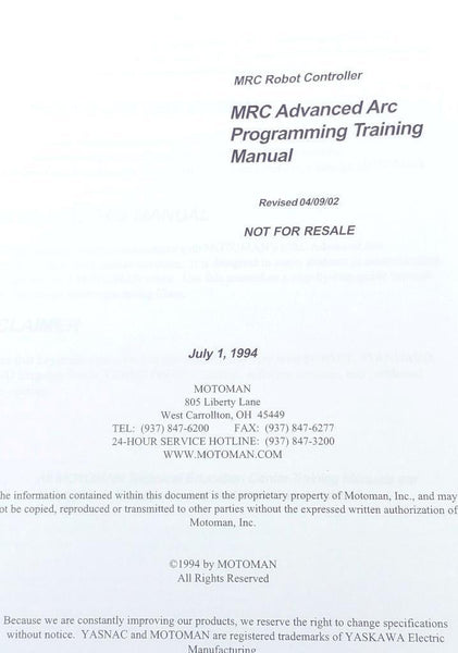 Motoman MRC Robot Controller Advaned ARC Programming Training Manual | Surplus Select