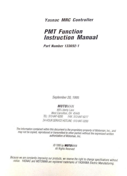 Motoman Yasnac MRC Controller PMT Function Instruction Manual | Surplus Select