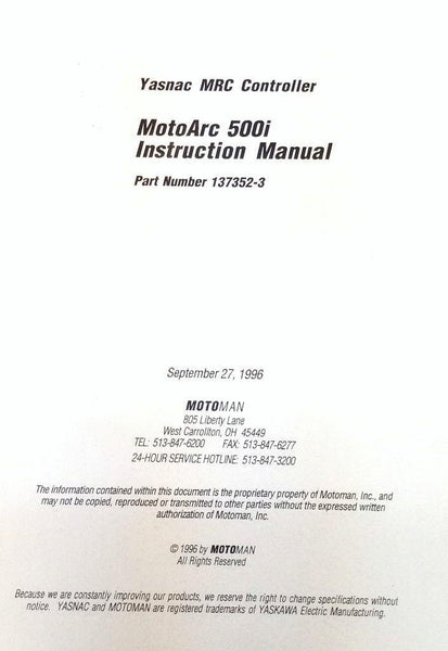 Motoman Yasnac MRC Controller MotoArc 500i Instruction Manual | Surplus Select