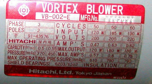 Hitachi VB-002-E Vortex Blower Motor Assembly 3-Phase 200-220 VAC