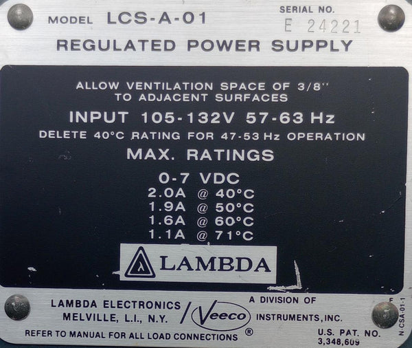 Lambda LCS-A-01 Regulated Power Supply 0-7VDC 105-132V 57-63HZ | Surplus Select