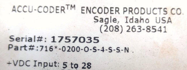 Encoder Products 716-0200-O-S-4-S-S-N Accu-Coder Incremental Shaft Enc