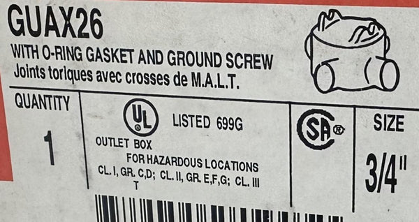 Crouse-Hinds GUAX26 Junction Box w/ O-Ring and Ground Screw