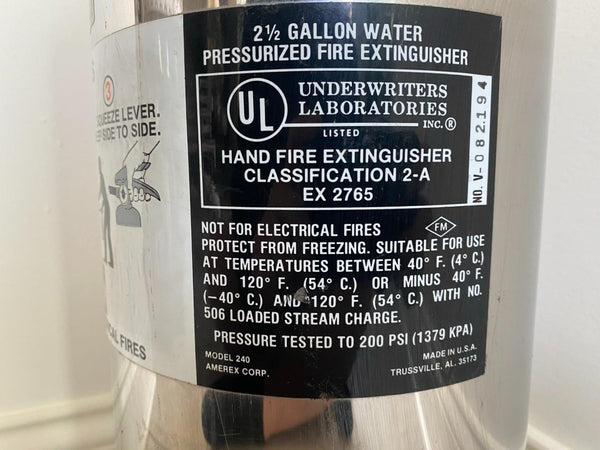 Amerex 240 Stainless 2.5 Gallon Pressurized Water Fire Extinguisher Cl