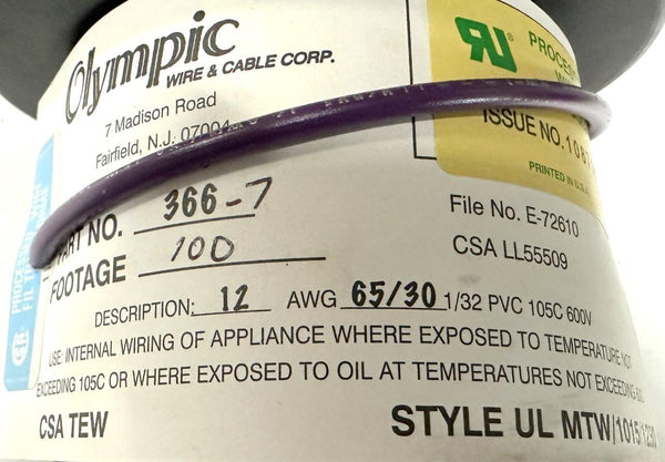 Olympic 366-7 12 AWG Gauge Purple Wire 600V 1/32 PVC UL1015 100' Spool