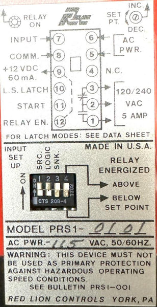 Red Lion Controls PRS1-0101 Speed Controller Switch Relay 115VAC 50-60