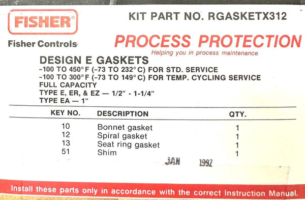 Fisher Controls RGASKETX312 Repair Kit Gasket Design E