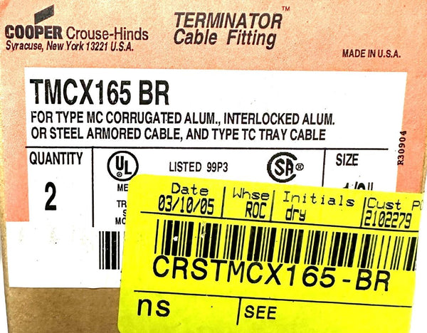 Cooper Crouse-Hinds TMCX165 BR Terminator Cable Fitting (Lot of 2 ...