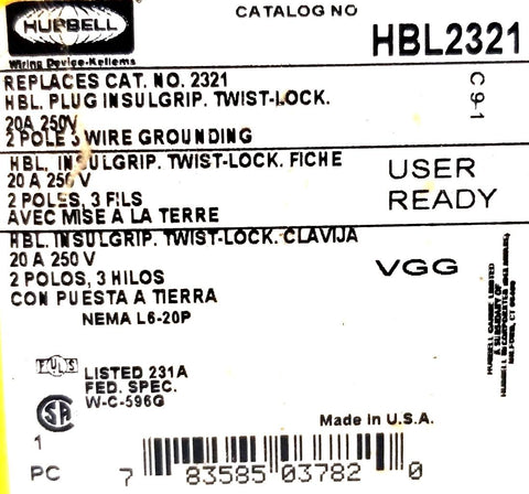 Hubbell HBL2321 Twist-Lock Plug 20A 250V 2P (Lot of 2)