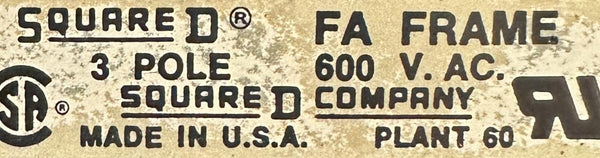 Square D FAL 36100 18M Circuit Breaker 3P 600VAC FA Frame 100A