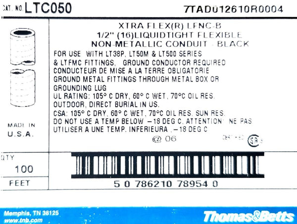 Thomas & Betts LTC050 Non-Metallic Conduit 100' Extra Flex LFNC-B 1/2"