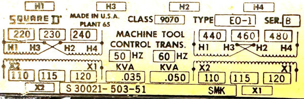 Square D 9070-E0-1 Machine Tool Control Transformer Class 9070 Type E0