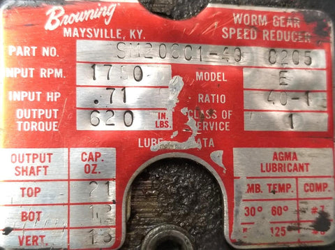 Browning SM206C1-40 Speed Reducer 1750rpm E 0.71hp 40:1 620" Lbs Outpu