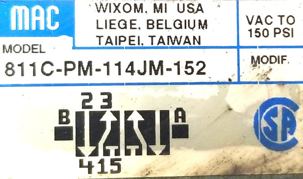 MAC 811C-PM-114JM-152 Solenoid Valve VAC To 150psi W/ Air Regulator