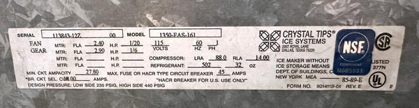 Crystal Tips 1350-FAS-161 Ice Maker Without Bottom Storage 115V Single ...