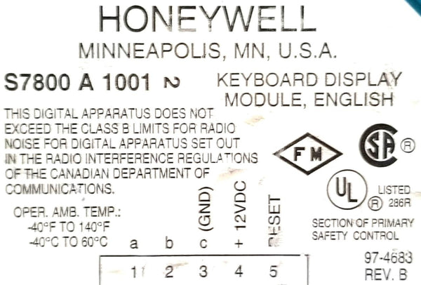 Honeywell S7800A1001 Burner Control Keyboard Display -40°F - 140°F 12V