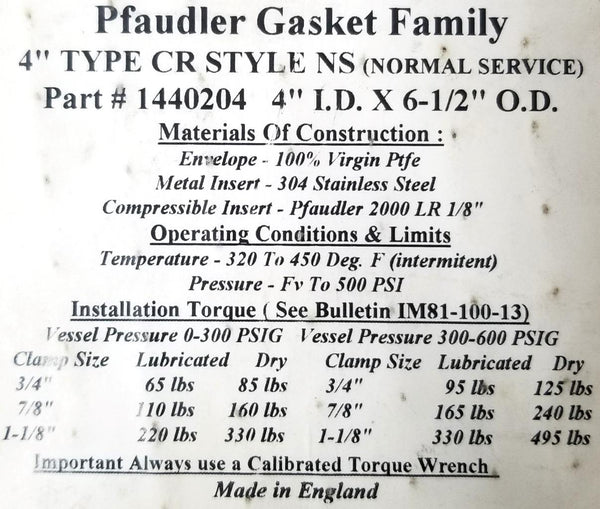 Pfaudler 1440204 Gasket 4" I.D. X 6-1/2" O.D.