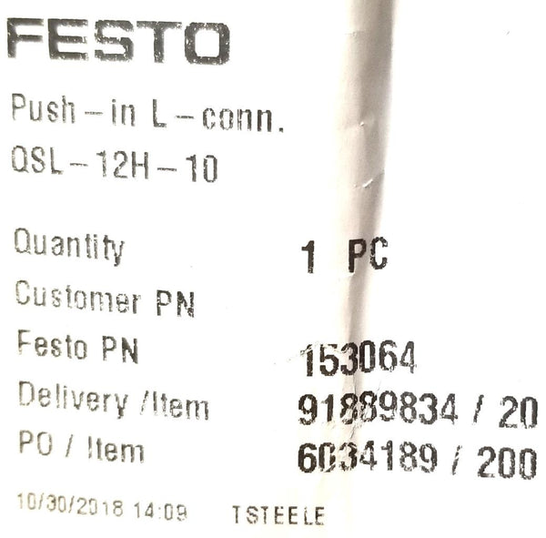 Festo QSL-12H-10 Push In Fitting Type L 153064 (Bag of 9) – Surplus Select
