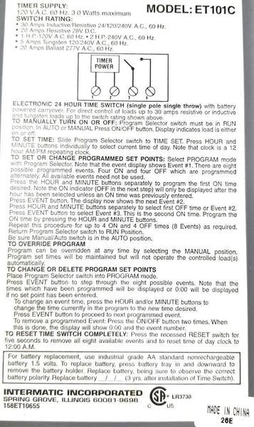 Intermatic ET101C Electronic Time Switch 120VAC 50-60Hz 1P 30A Single