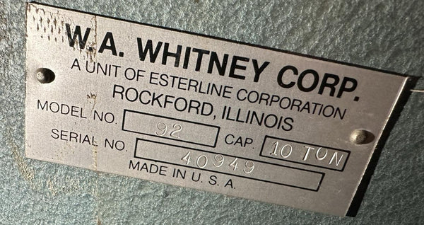WA Whitney Esterline Model 92 Punch Press 10 Ton