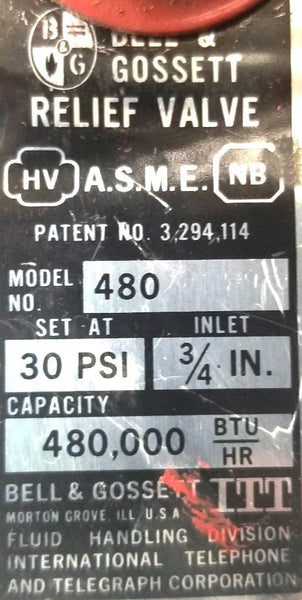 Bell & Gossett 480 ASME Relief Valve 30psi 3/4" Inlet