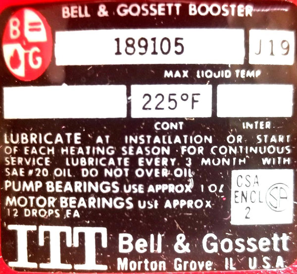 Bell & Gossett 189105 Bearing Assembly J19 225ºF Max Liquid Temp Enclo