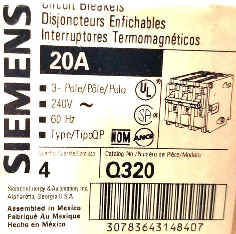 Siemens Q320 Circuit Breakers 3P 20A 60Hz (Box of 4)
