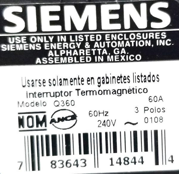 Siemens Q360 Circuit Breakers 3P 60A 60Hz 240V (Box of 3)