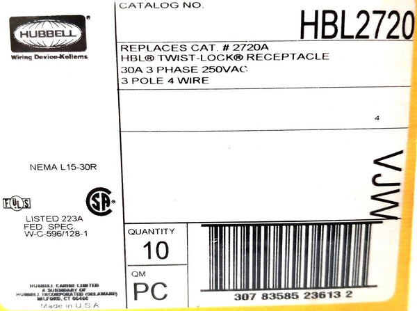 Hubbell HBL2720 Twist-Lock Receptacle 30A 3PH 250VAC 3P 4Wire (Box of