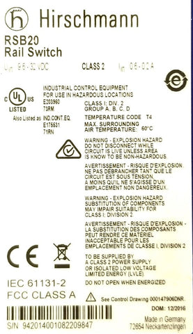 Hirschmann RSB20 Rail Switch Class 2 32VDC 0.2A – Surplus Select