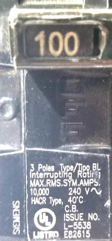 Siemens B3100 Circuit Breaker 100A 240V 3P 60Hz 10kA