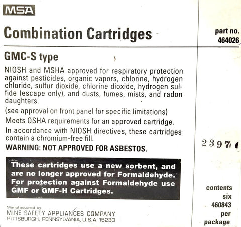 MSA 464026 Combination Cartridge GMC-S MSHA NIOSH TC-23C-154 (Box of 6
