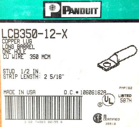 Panduit LCB350-12-X Lug Terminals (Box of 8) Copper Long Barrel 350 MC