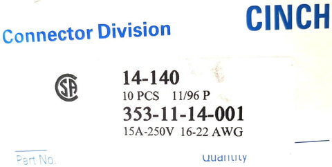 Cinch 14-140 Dual Row Terminal Block 14 Pos 15A 250V 16-22AWG (Box of