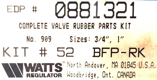 Watts 0881321 Complete Valve Rubber Parts Kit 3/4" and 1" #52 909 BFP ...