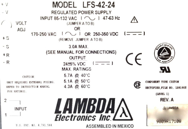 Lambda LFS-42-24 Regulated Power Supply Input 47-63Hz 85-132VAC 3A Max